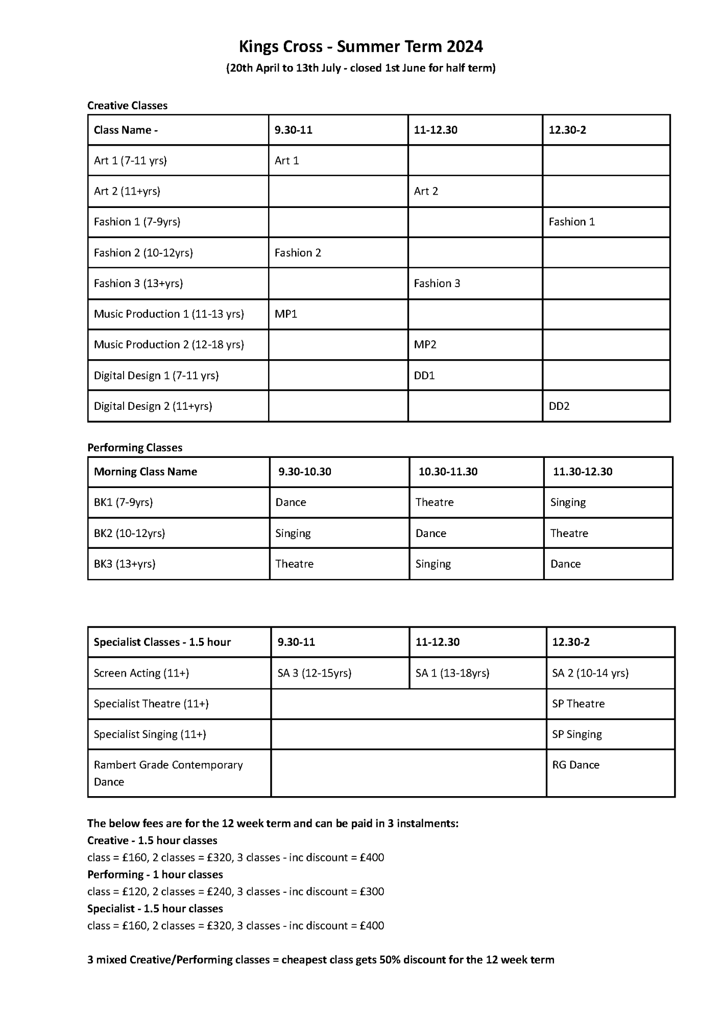 Timetable - King's Cross - BRIT Kids at Westminster Kingsway